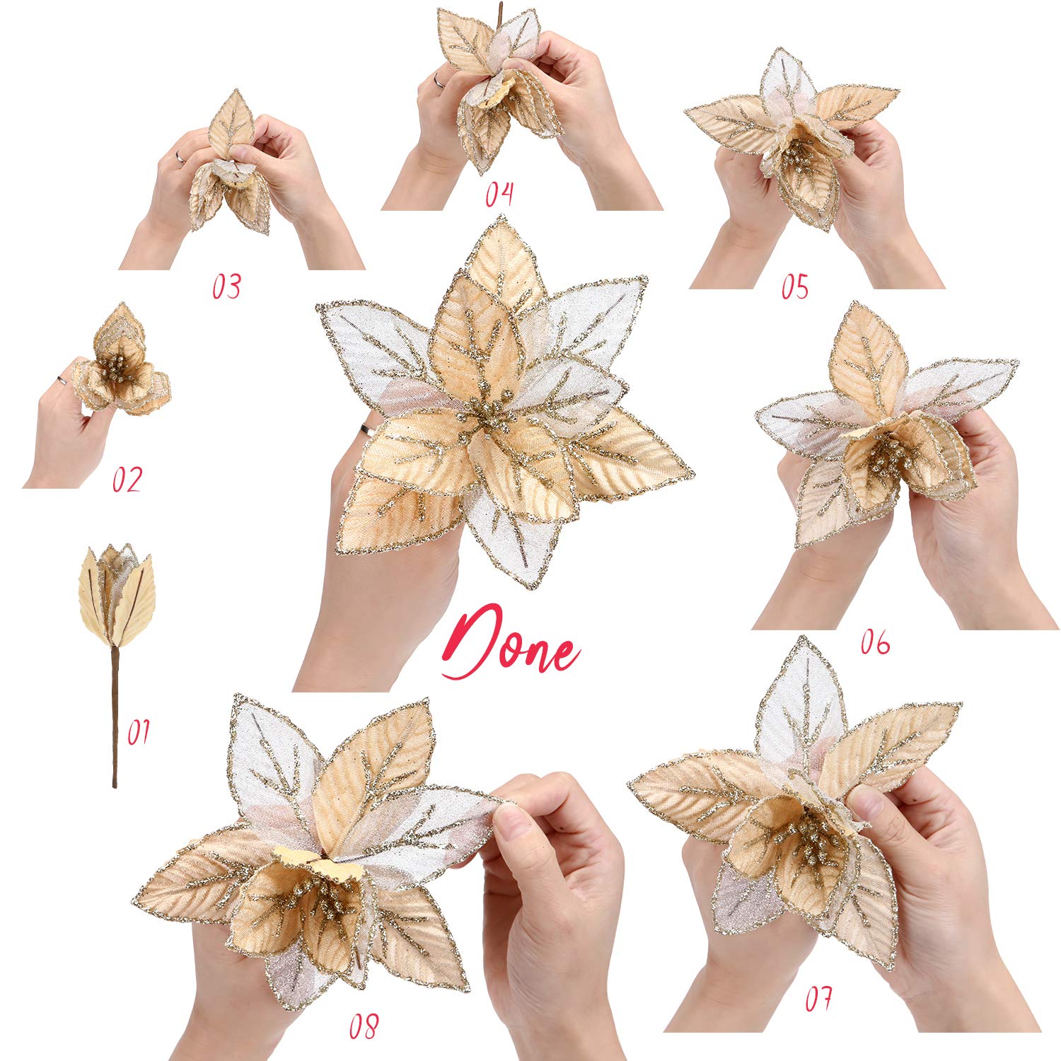 Sea Team 12-Pack Artificial Glitter Poinsettia Christmas Flower Ornaments Tree Decorations, 6.5-inch, Silver