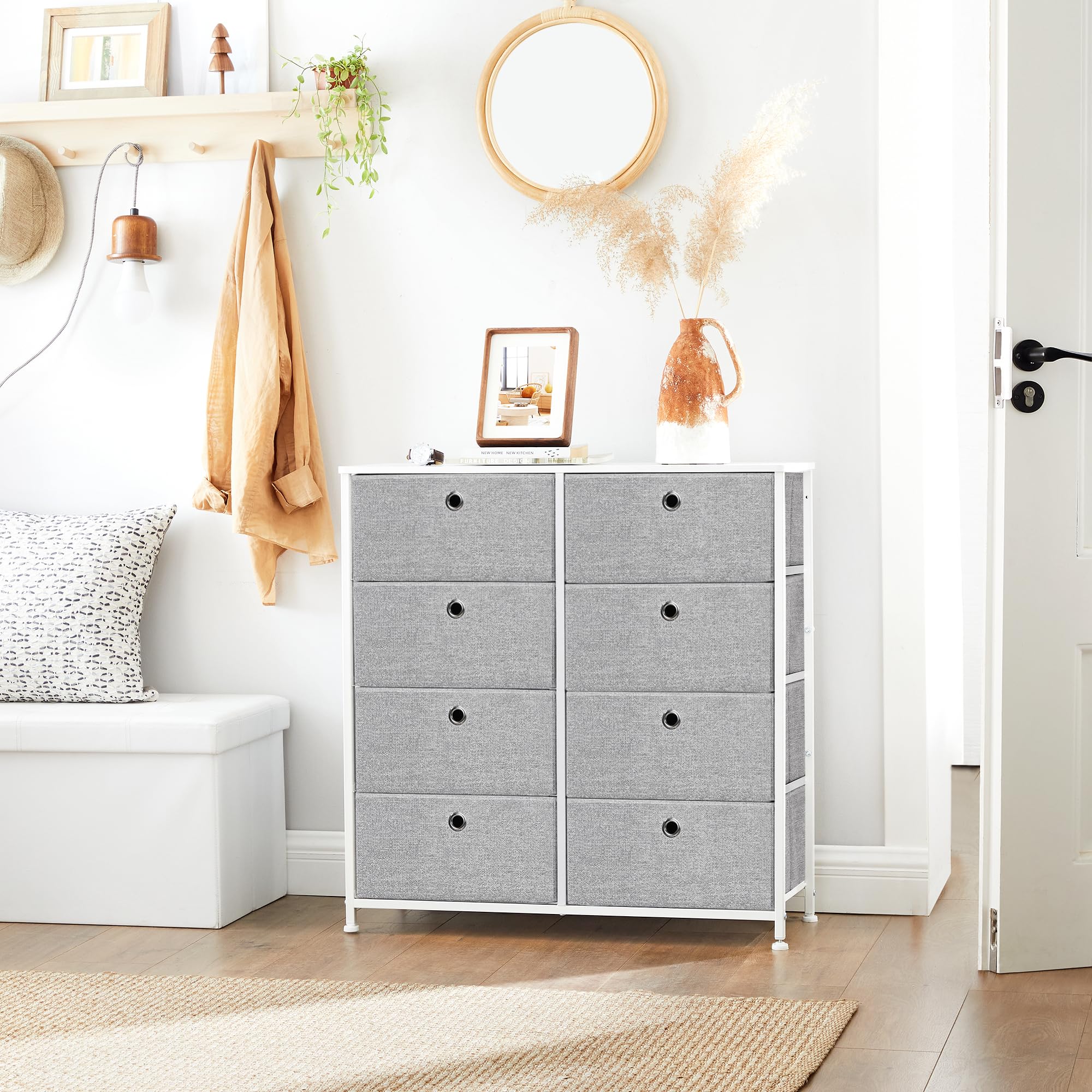 SONGMICS 4-Tier Storage Dresser with 8 Easy Pull Fabric Drawers and Wooden Tabletop for Closets, Nursery, Dorm Room, Light Gray and White ULTS24W