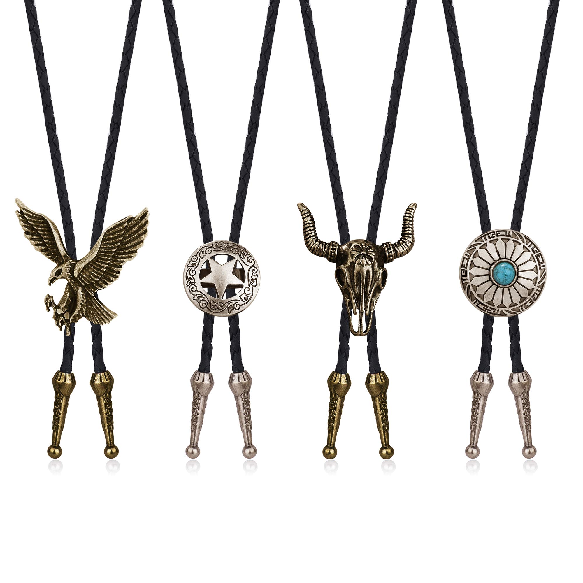 THUNARAZ 4Pcs Bolo Tie for Men Western Leather Necktie Cow Skull Bolo Tie Halloween Costume Accessories Necktie Men Women