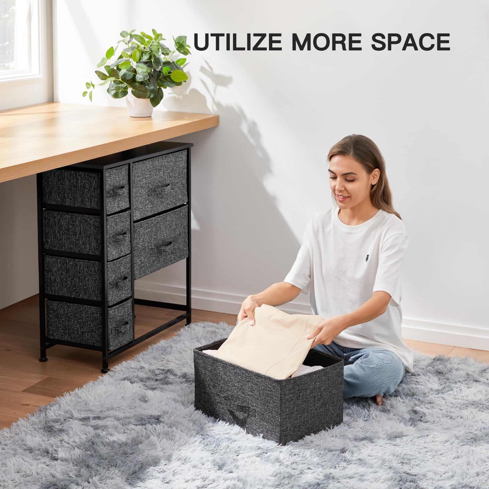 Pipishell Fabric Dresser with 7 Drawers, Storage Tower Drawer Dresser for Bedroom, Closets, Bedroom, Nursery Room, Hallway, Entryway, with Wood Top and Easy Pull Handle