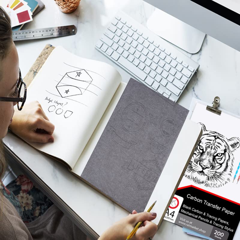 Raimarket 112 Pcs Black Carbon Paper for Tracing On Fabric, Wood and Sewing Includes 5 Tracing Paper for Sewing Patterns, 1 Pencil and 1 Lead Box, 5 Stylus, A4 Size (9 X 13) Graphite Transfer Paper
