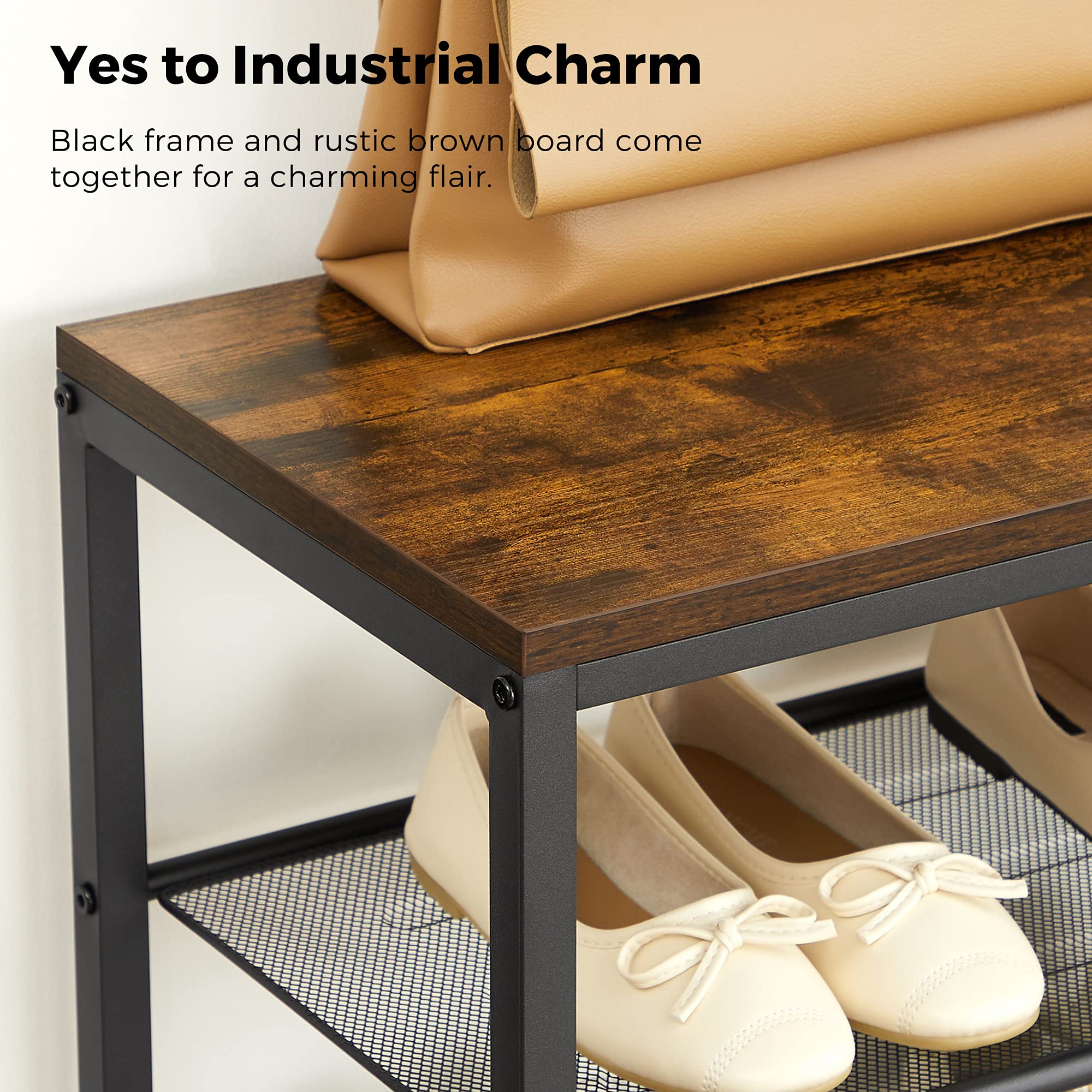 VASAGLE 5-Tier Rack, Freestanding Shoe Storage Organizer, Mesh Shelves, Space-Saving in the Entryway, Industrial, Rustic Brown + Black