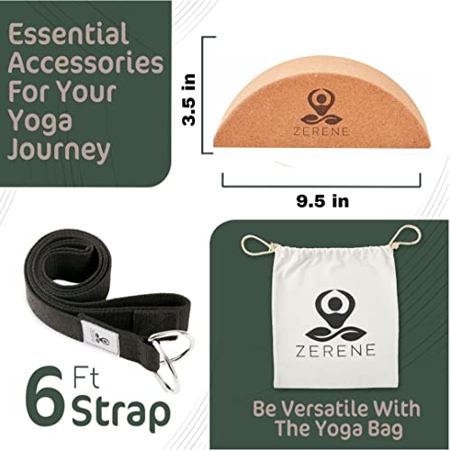 Yoga Blocks (2 Pack with Strap) - Increase Core Strength with our New Half-Round Cork Yoga Block - Yoga Accessories for Beginner and Pros - Includes A Carry Bag and Yoga Strap for Extra Flexibility