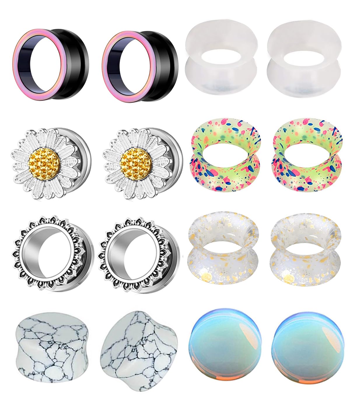 TIANCI FBYJS 8 Pairs Stainless Steel Ear Gauges Tunnels Plugs Flesh Expander Earring Silicone Glass Piercing Strecher Set for Women Men 2G-5/8 G 8mm