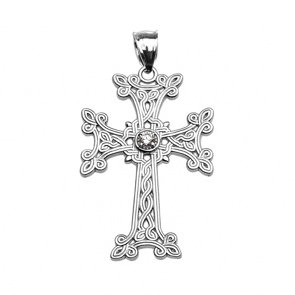 Religious Jewelry Sterling Silver Armenian Cross Solitaire Cubic Zirconia Pendant