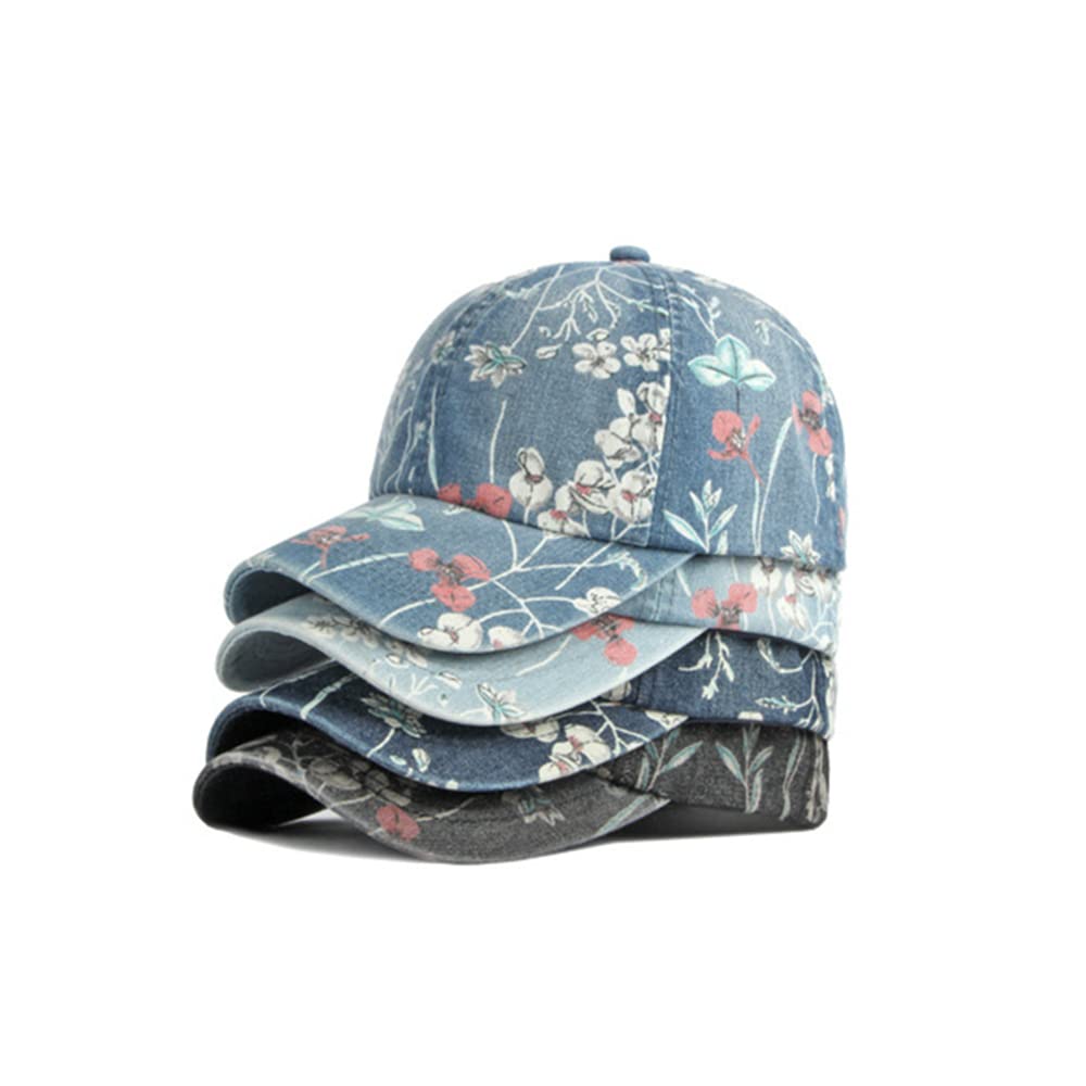 yosuwer Unisex Floral Print Baseball Cap Adjustable Washed Denim Sport Trucker Dad Visor Hat (One Size, Light Blue)
