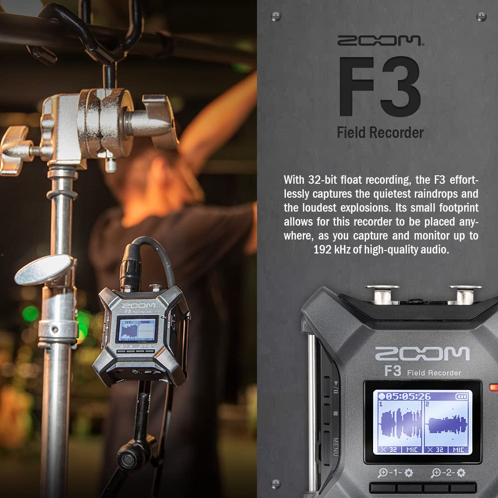 Zoom F3 Professional Field Recorder, (ZF3) 32-bit Float Recording, 2-Input / 2-Track Portable XLR/TRS Recorder, Battery Powered, w/Basic Bundle Xpix Headphones, 32GB, Table Tripod & More