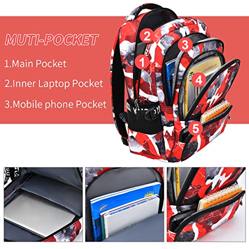 XLERHAZO School Backpack Camouflage Backpack Water Repellent Casual Daypack Lightweight Bookbags for Boys Girls (FX Camo Red)