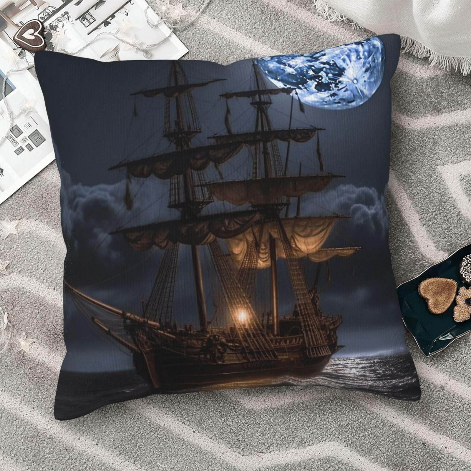 Pirate Sailboat Full Moon Print Throw Pillow Cover Corduroy Soft Pillowcase with Hidden Zipper Decorative Cushion Covers for Sofa Living Room Home Decors 16"X16"