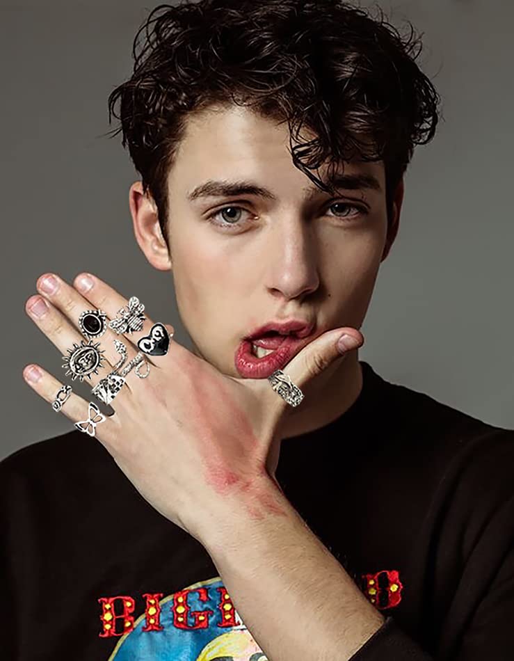 ZOVOLI 42-45PCS Vintage Sliver Goth Punk Rings Set for Women Men Cool Gothic Ring Pack Y2K Open Chunky Knuckle Emo Rings Skull Snake Flower Butterfly Trendy Stackable Rings for Gift (45PCS)
