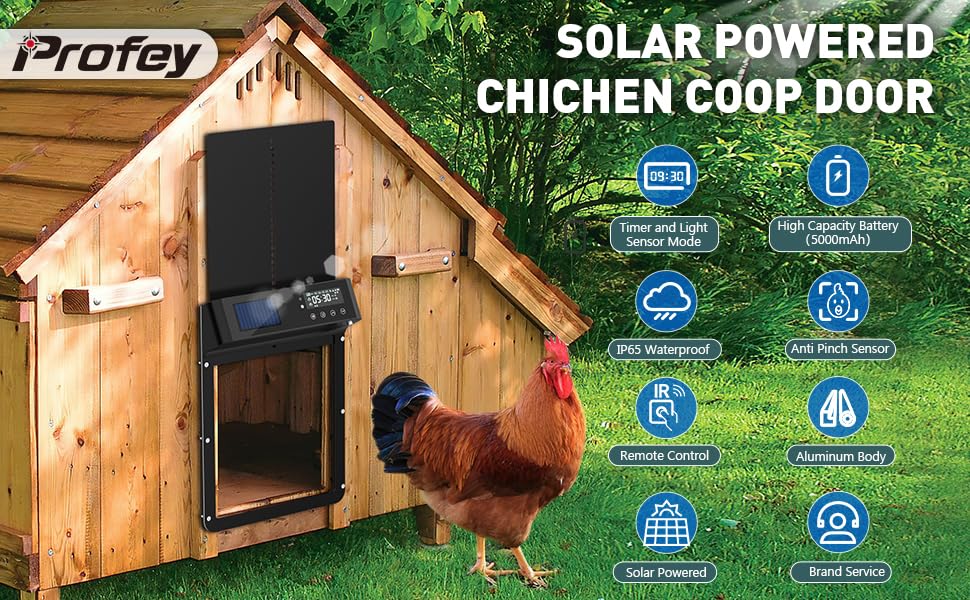 Profey Solar Powered Automatic Chicken Coop Door, LCD Display, 4 Modes, Waterproof, Aluminum Alloy, Remote Control, AA Battery Operated, 9.2x10.7x9.2 inches