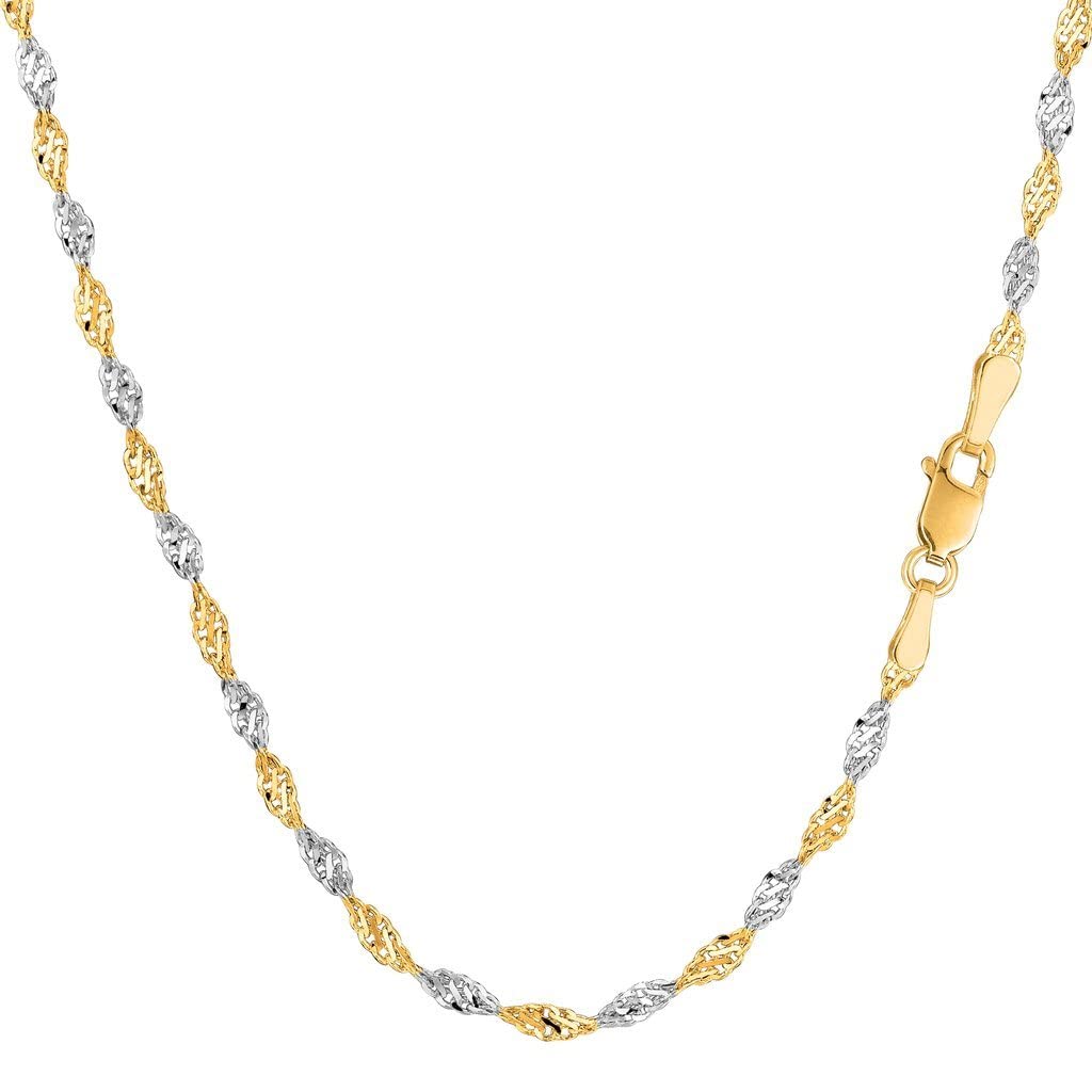 The Diamond Deal Women’s 14k White-and-Yellow-Gold, 2.00mm Shiny Diamond-Cut Classic Singapore Chain Necklace for Pendants.