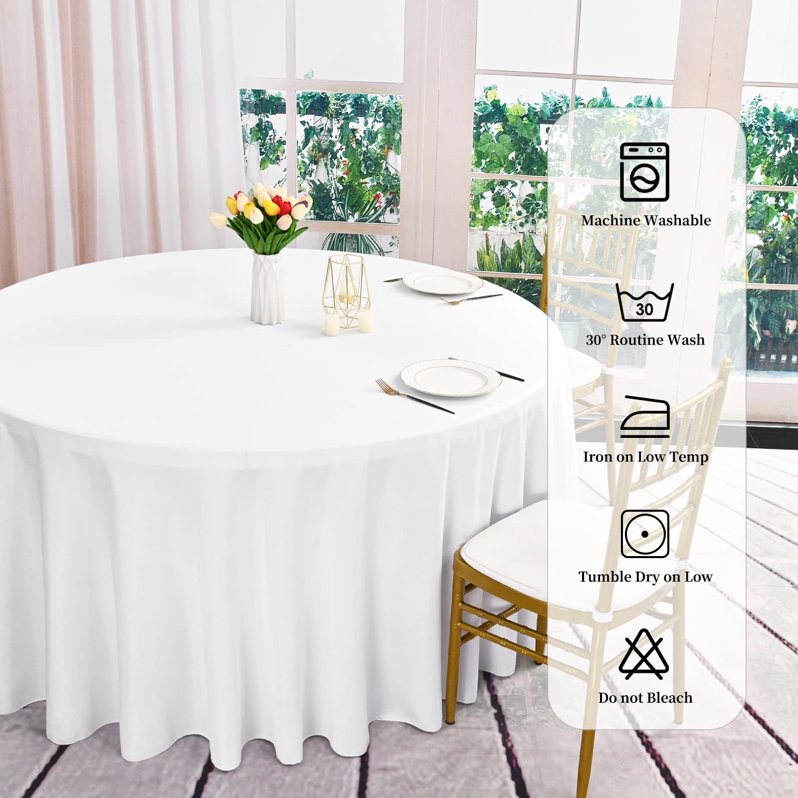 REWOMC 6 Pack Round Tablecloths - 120 Inch, White Polyester Table Cover for Round Table, Stain and Wrinkle Resistant Washable Fabric Table Cloth, Polyester Tablecloth for Wedding Banquet Parties