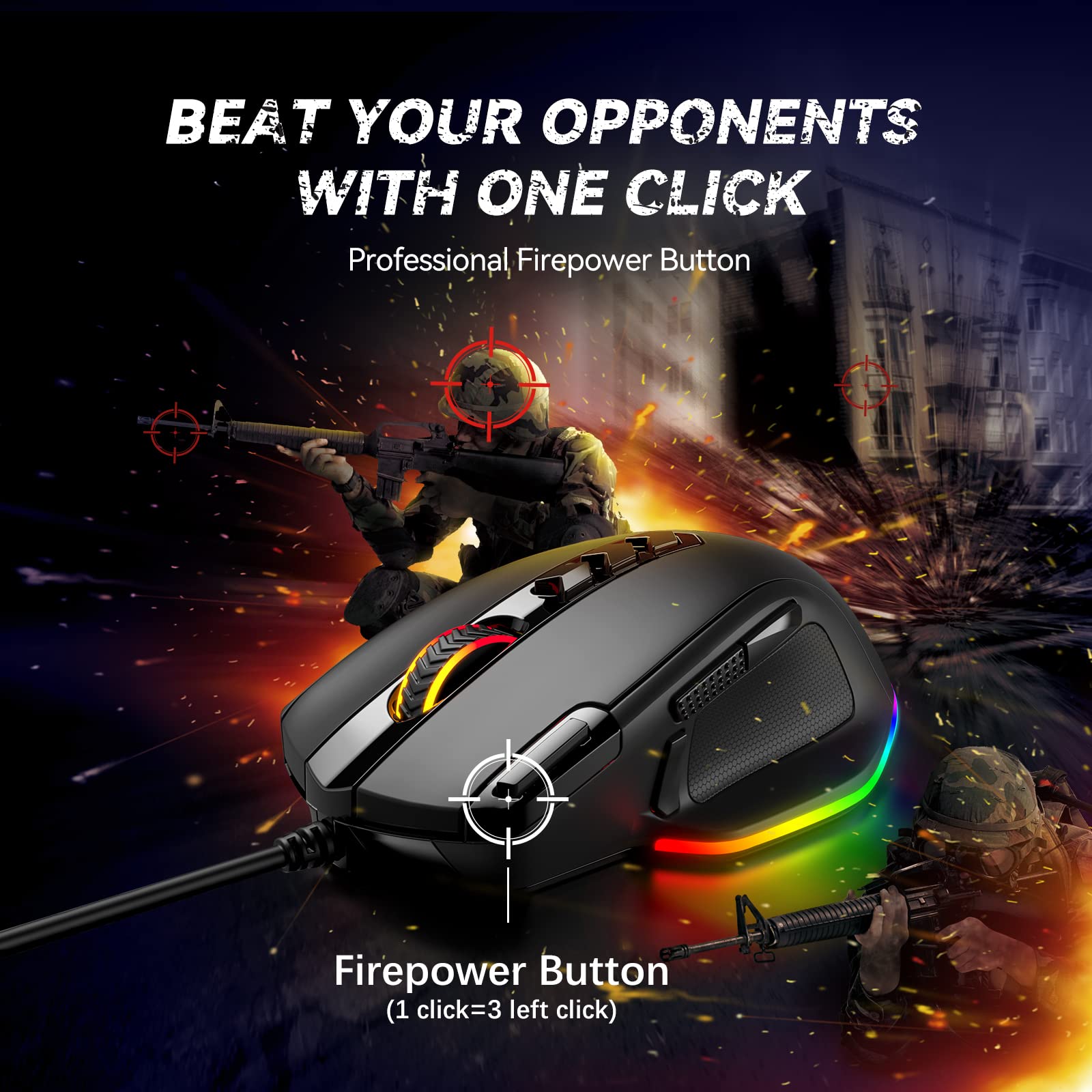 TECKNET Wired Gaming Mouse, Ergonomic Gaming Mouse with 8000DPI, RGB Computer Mice with 11 Programmable Buttons, PC Gaming Mice for Notebook Laptop Mac Book, Fire Button(Ratón de juego)