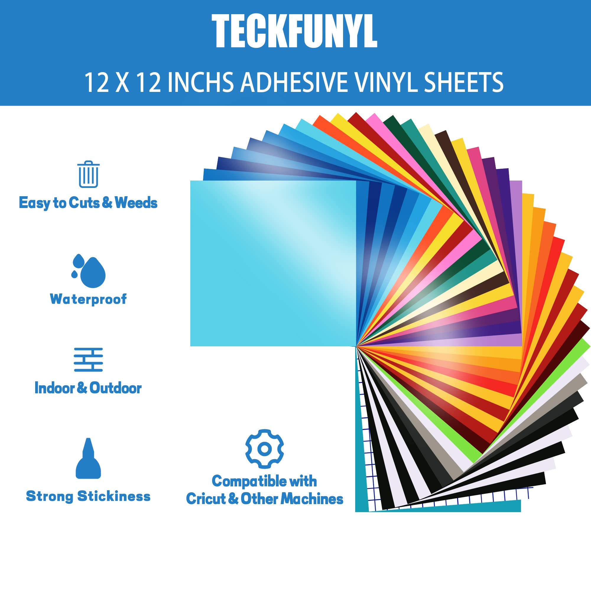 TECKFUNYL Permanent Adhesive Backed Vinyl Sheets (40 Packs, 12"x12") - Glossy 30 Colors Adhesive Vinyl 39 Sheets + 1 Transfer Tape Sheets for All Kinds of Cutting Machines