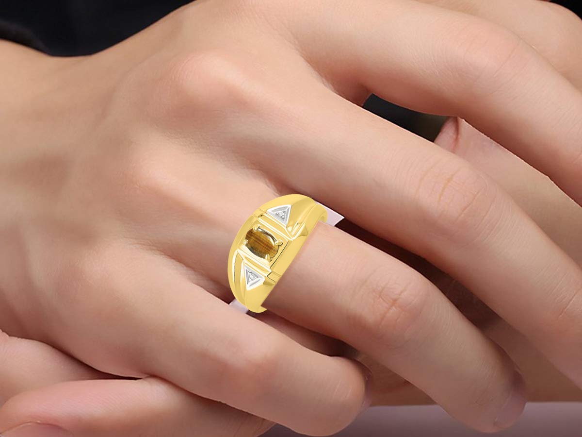 Rylos Yellow Gold Plated Silver Classic 6X4MM Oval Tigers Eye Gemstone & Sparkling Diamond Ring - Birthstone Jewelry for Men -Size 10
