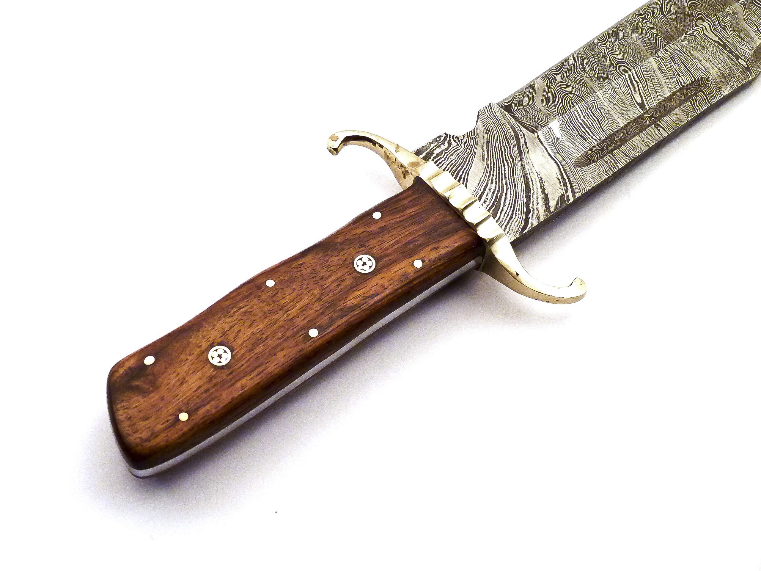 Skokie Knives Custom Hand Made Damascus Steel Hunting Bowie Knife Handle Walnut Wood With Mosic Pins And Brass Guard