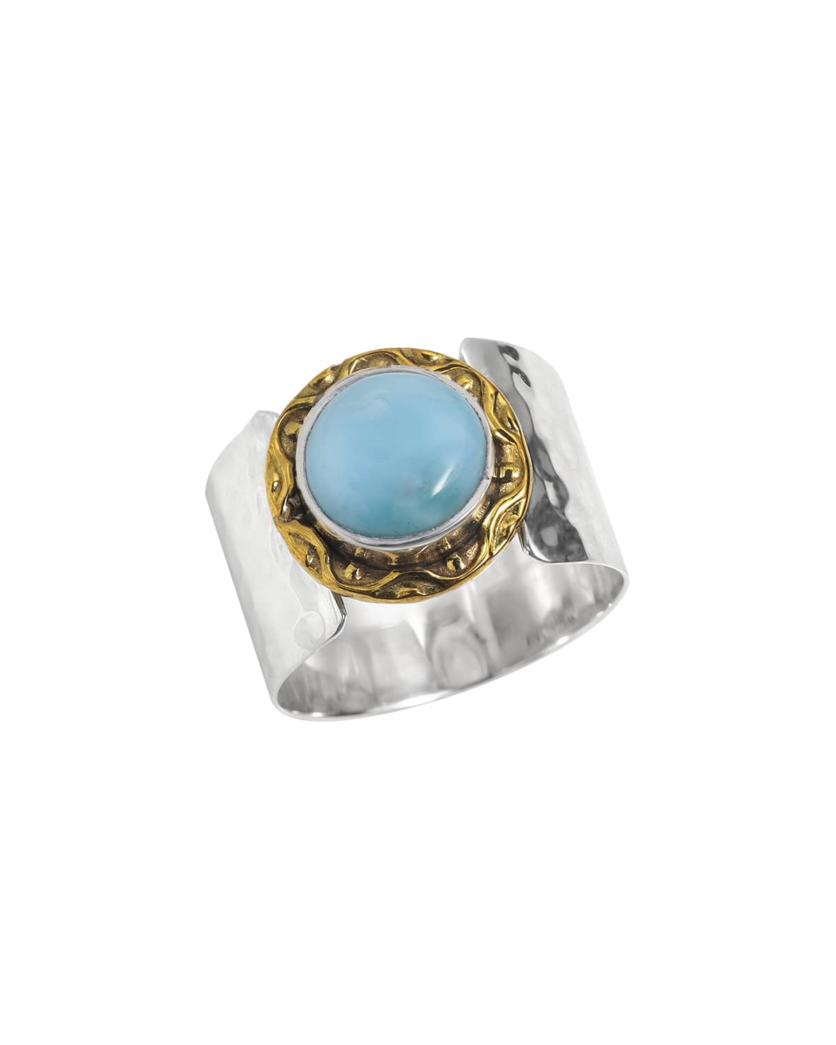 YoTreasure Natural Larimar Solid 925 Sterling Silver Brass Wide Band Bold Ring