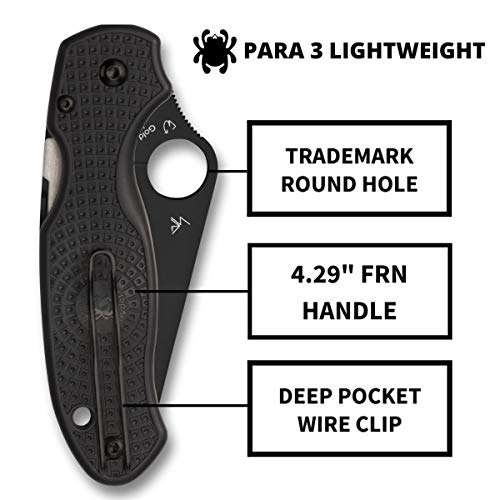 Spyderco Para 3 Lightweight Signature Folding Utility Pocket Knife with 2.92" Black Stainless Steel Blade and FRN Handle - Everyday Carry - PlainEdge - C223PBBK