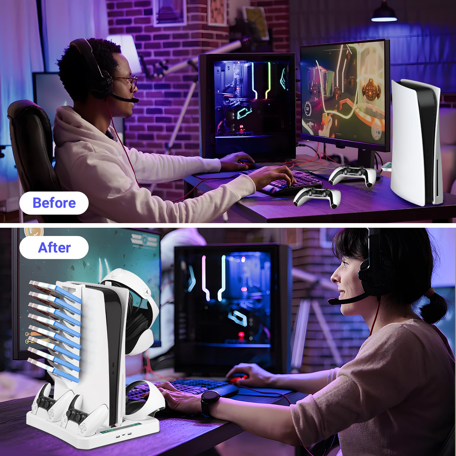PS-5 Accessories Cooling Station, PSVR2 Charging Station for P5 Controller & PSVR 2, Play-station VR2 Headset Headphones Holder,8 Game Racks Storage,PS-5 Vertical Stand with Cooling Fan