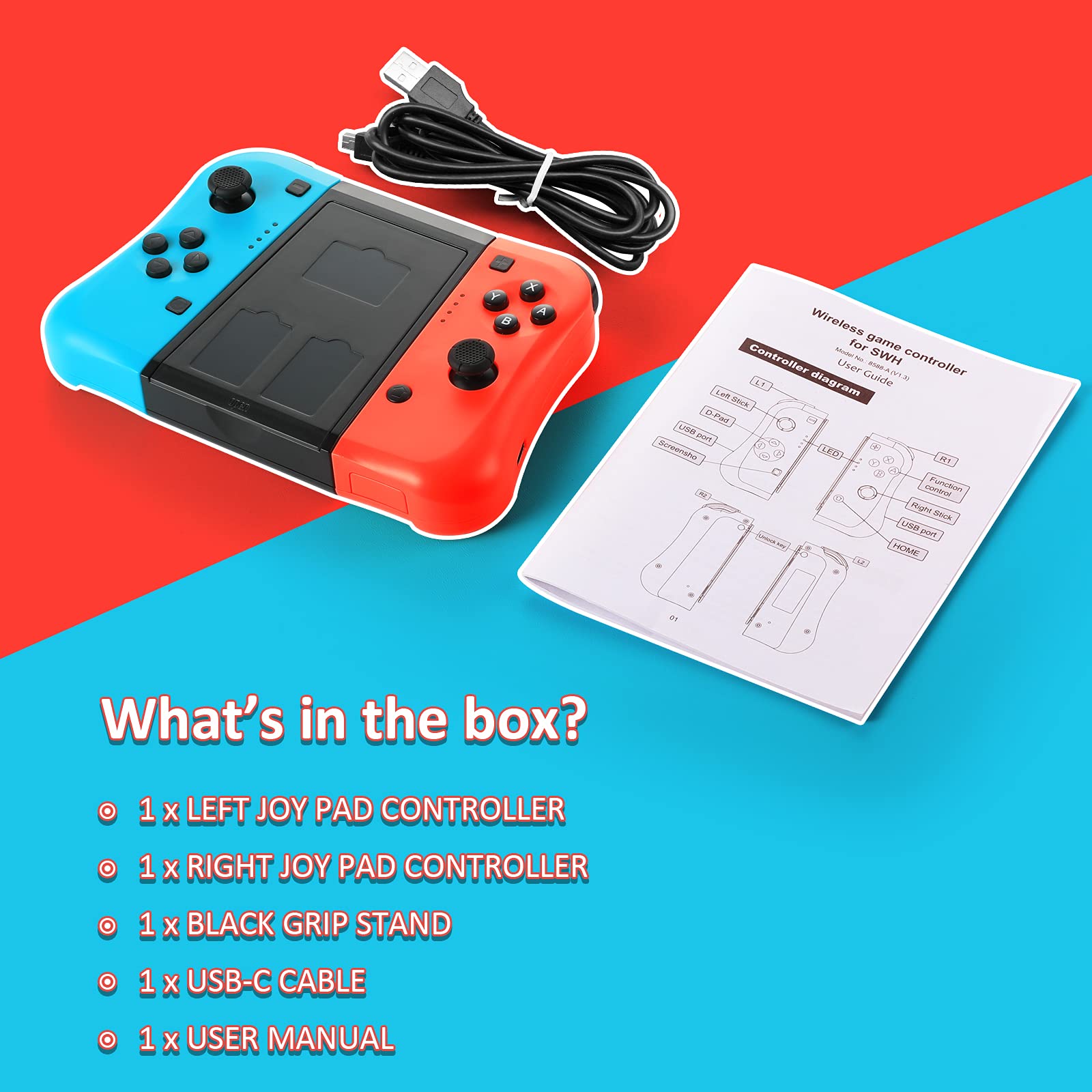 UTAWO Joy Pad(L/R) for Switch - Red & Blue Replacement Controller for NS with Wake-up/Turbo/6-Axis Gyro/Dual Vibration