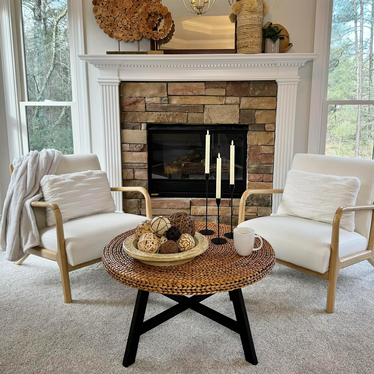 RANDEFURN Round Coffee Table, Seagrass Coffee Solid Pine Wood X Base Frame Cocktail Table, Easy Assembled, Multiple Sizes for Living Room, 32 x 17 Inches,Gold
