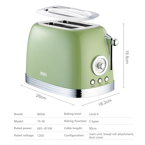 Toaster Retro 2 Slice, Vintage Toaster, Green Toaster, With Stainless Steel Lid, With Bread Attachment, Preheat, Defrost And Cancel Functions, 6 Browning Levels (Green)