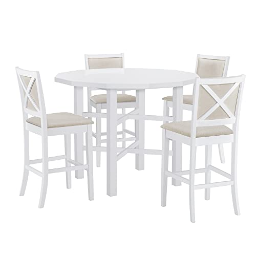 Prohon 5-Piece Dining Table Set for 4 with Irregular Dinertable,4 Upholstered Chairs with High-Back Cushioned and Double X-Shape Wood Legs,Counter Height Furniture for Small Place/Kitchen/Living Room