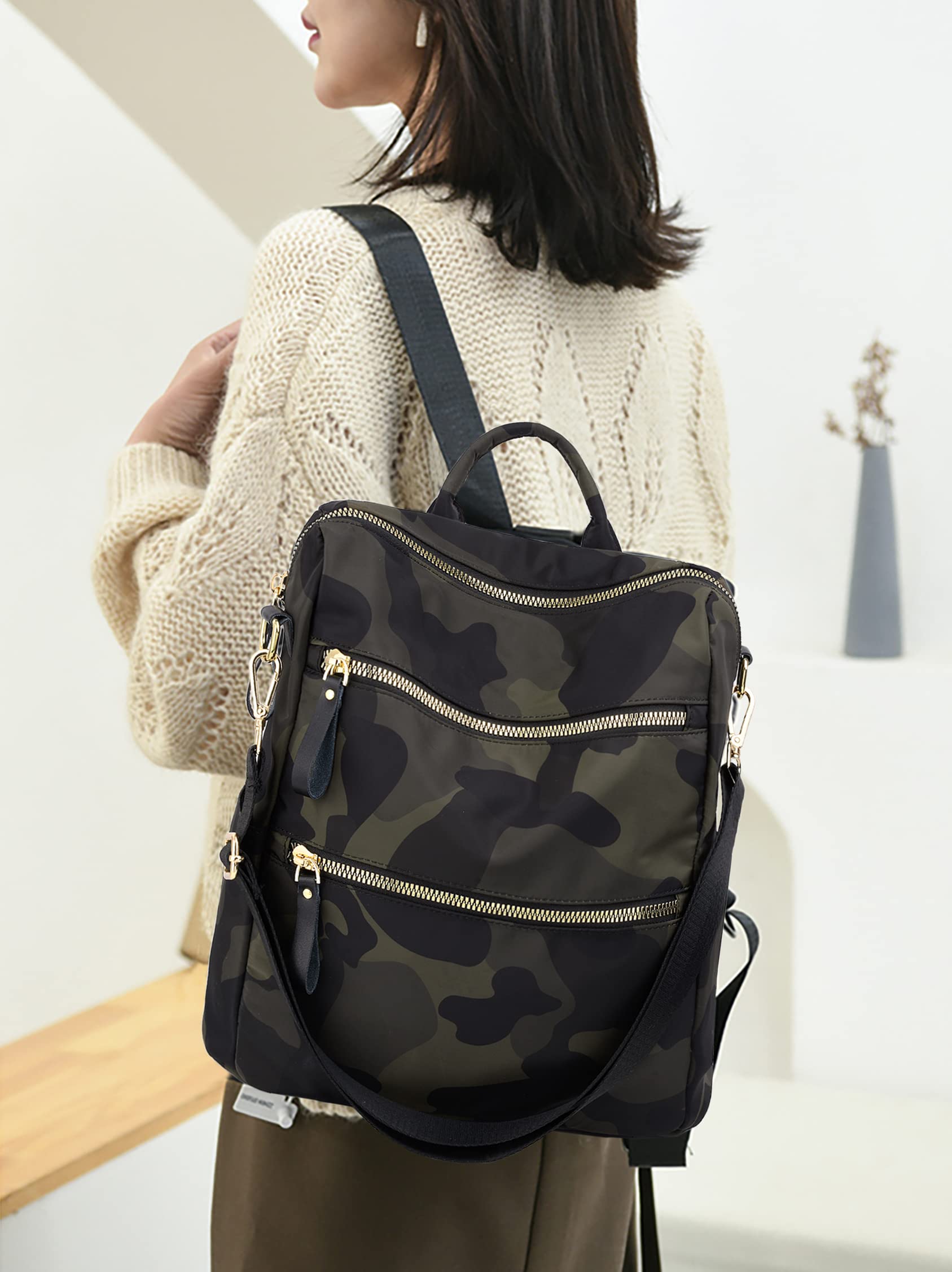 UTO Camo Waterproof Backpack for Women Durable Nylon Multipurpose Roomy Multi pockets Travel Business Shoulder Bag Zoya Camo Green