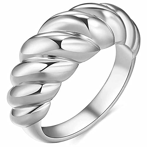 VQYSKO Silver Croissant Braided Twisted Ring fo Woman Man-18K Gold Plated Cute Simple and Elegant StackableStainless Steel Jewelry, Size 11