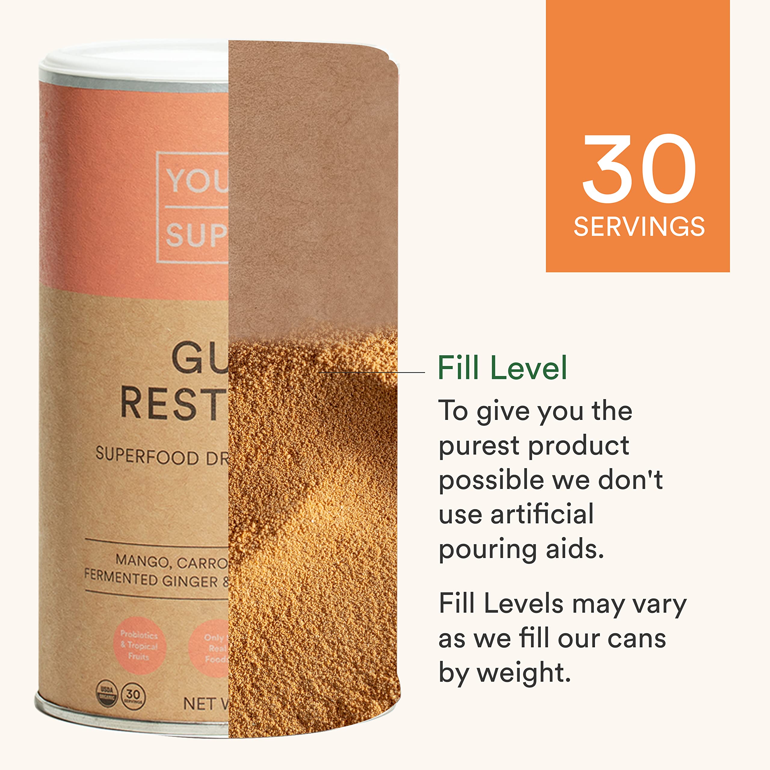 Your Super Gut Restore Superfood Powder β Organic Plant Based Powder with Probiotic Blend, Tropical Superfruit Drink Mix with Digestive Enzymes for Gut Health (30 Servings)