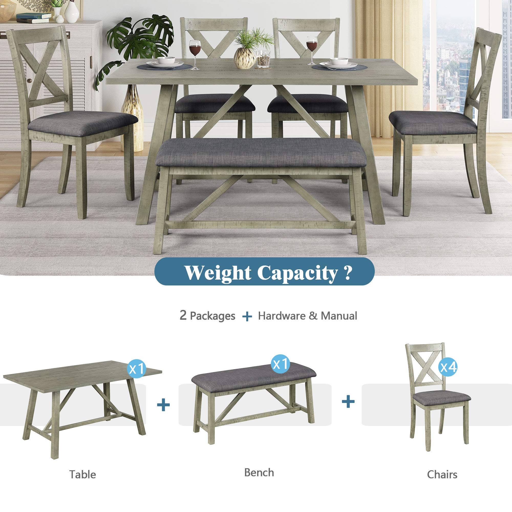 Prohon Wood 6 Piece Dining Set with 60" L Rectangular Table, Multifunctional Soft Bench and 4 X-Shaped Highback Chairs, Farmhouse Rustic Style Kitchen Furniture for Living Room/Apartments, Gray