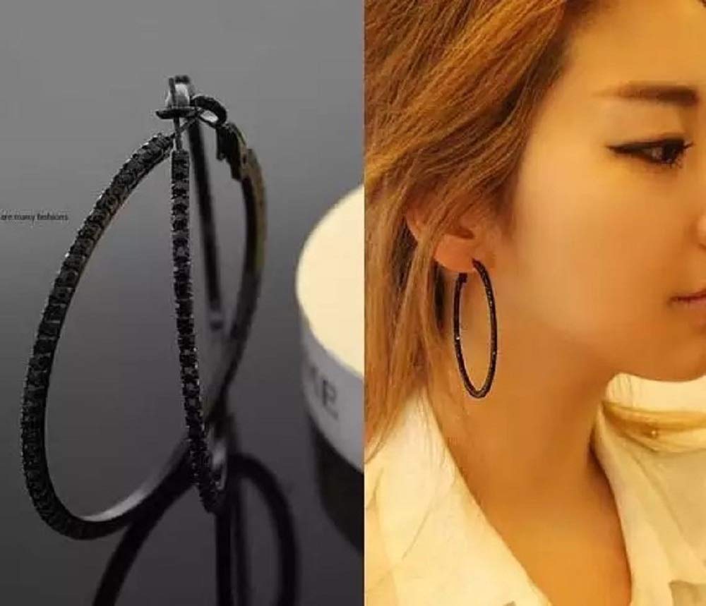 Silver Plated Women Hoop Earrings Bridal Wedding Black White Pink Crystal Rhinestone EarBrings (Black)