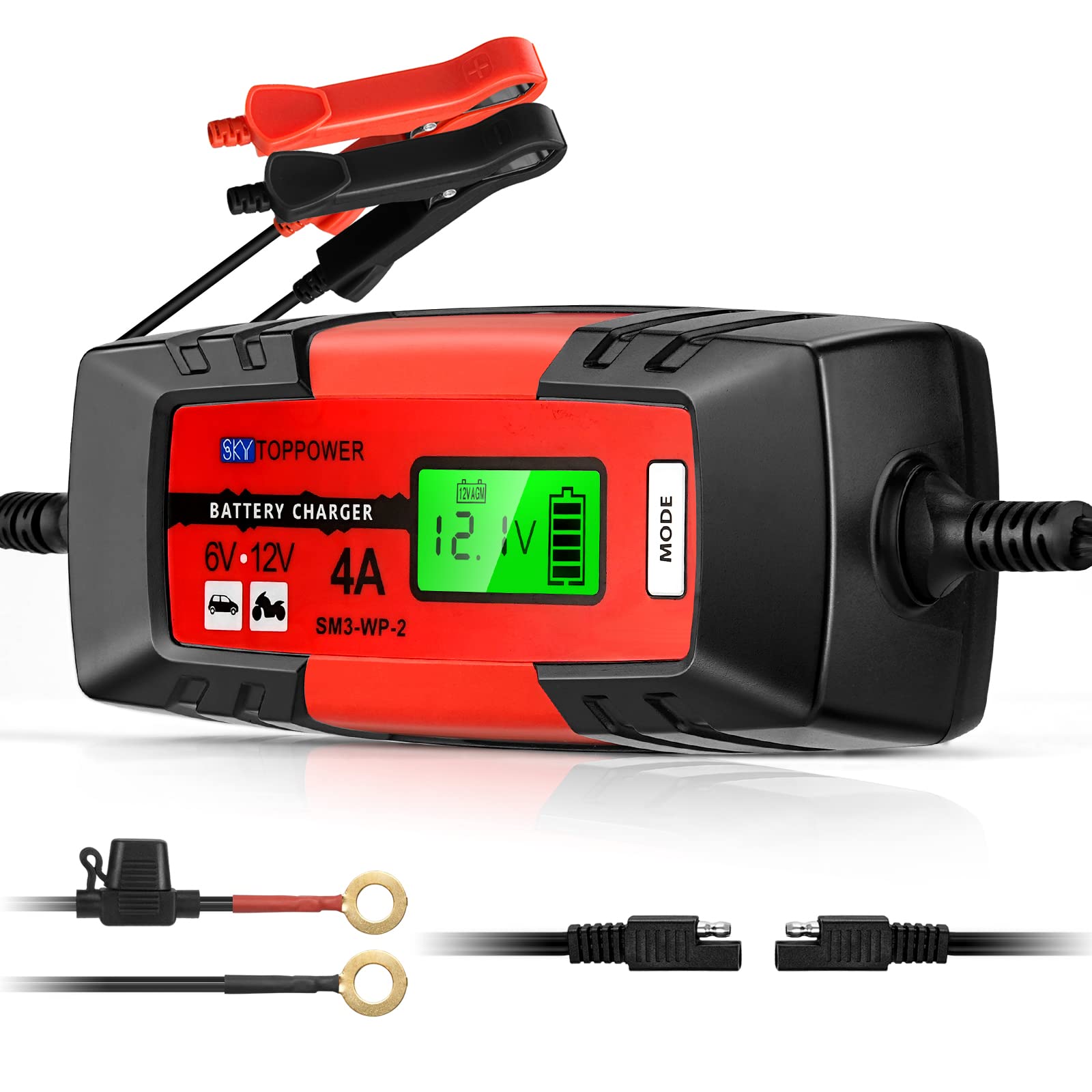 SKY TOPPOWER Battery Charger 6V/12V 4A Smart Battery Maintainer, with LCD Display,Fully Automatic Trickle Charger for Automotive Car Motorcycle, Lawn Mower,Motorcycle, Boats.