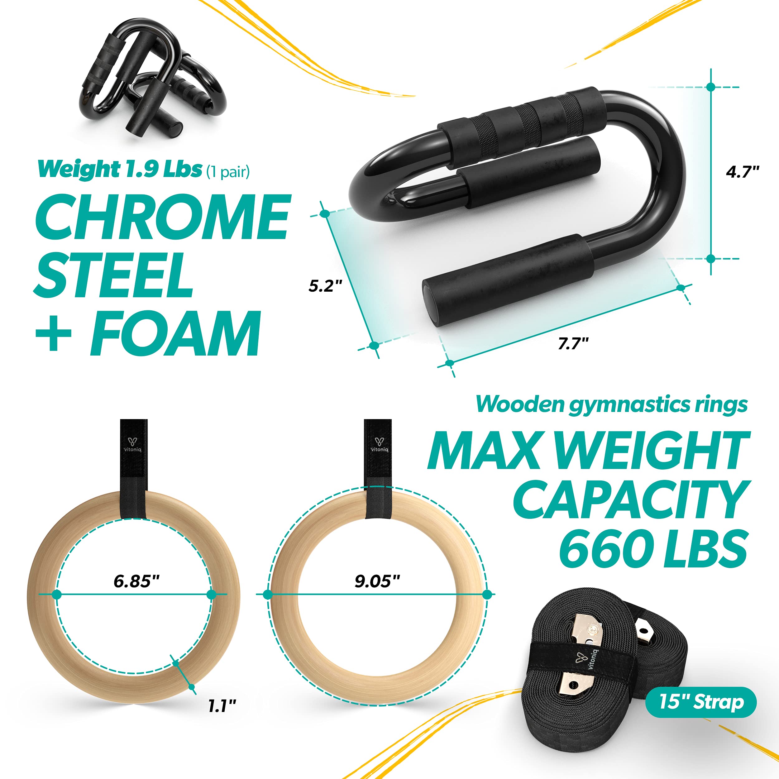 Vitoniq Premium Wood Gymnastics Rings and S-Shaped Push Up Bars Set β Strength Training & Calisthenics Equipment β Non-Slip Birch Wooden Rings, Adjustable Straps, Ergonomic Pushup Handles