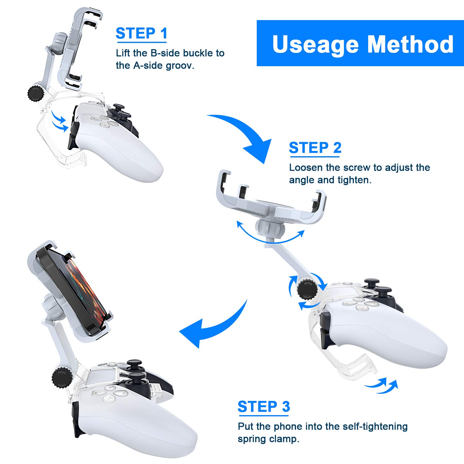 Supgear PS5 Controller Phone Mount Clip PS5 Controller Mobile Gaming Clip with X-shaped Design Adjustable Bracket 1PCS Rubber Protector Skins 2PCS Black Joystick Caps for Playstation 5 Game Controller