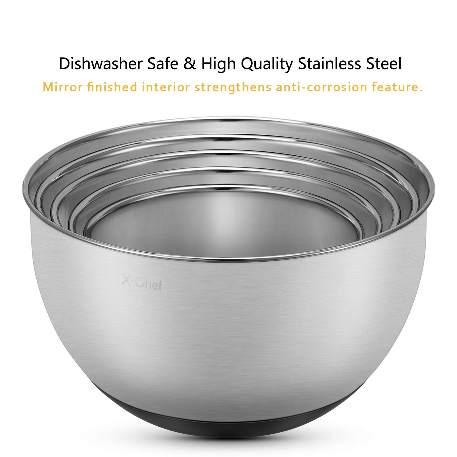 X-Chef Stainless Steel Bowls with Lids, Mixing Storage Bowl Set of 5 with Measurement, Stackable & Non-slip (1, 2, 2.5, 3.5, 4.5 QT)