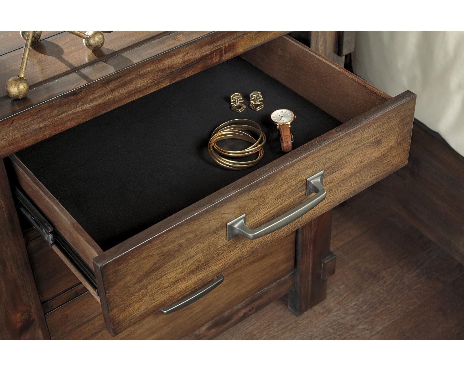 Signature Design by Ashley Lakeleigh Rustic Industrial 3 Drawer Nightstand with 2 Electrical Outlets, 2 USB Charging Stations, Dark Brown Wood Tone