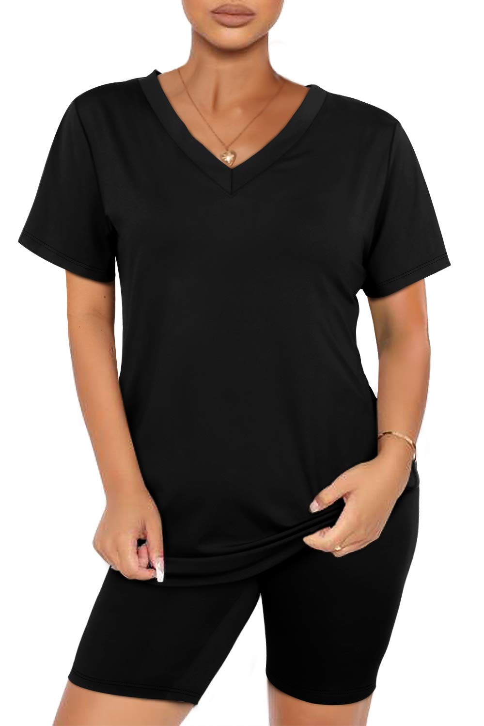 WIHOLL 2 Piece Shorts Set for Women Casual Biker Shorts Set Black XXL