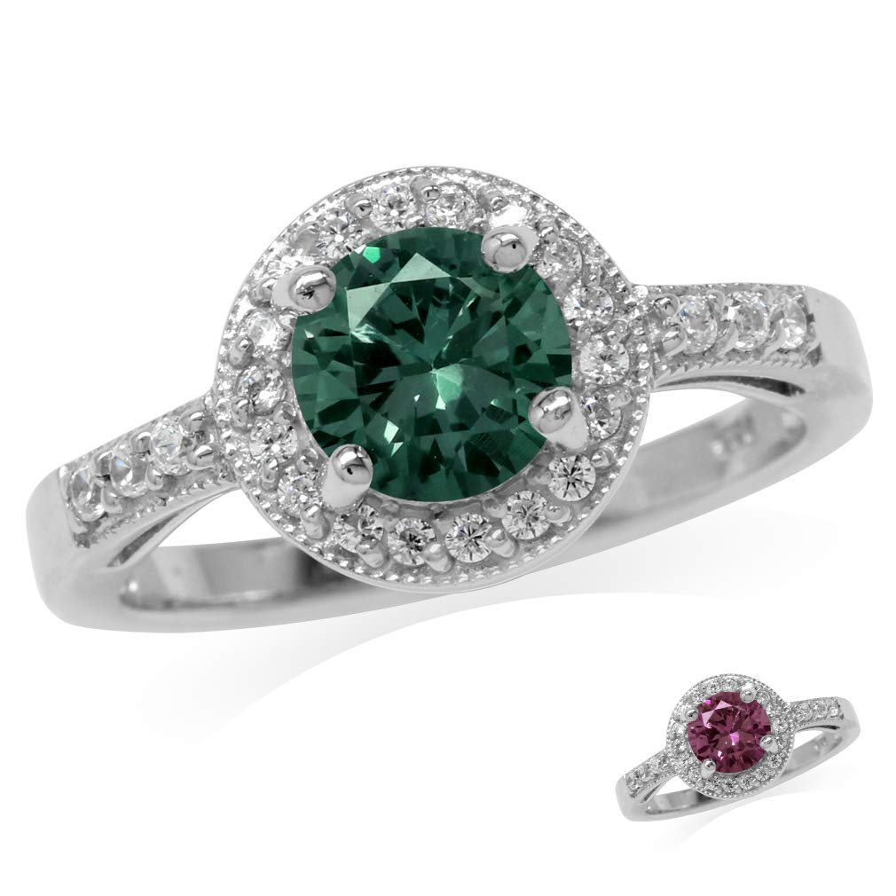 Silvershake 7mm Round Shape Simulated Color Change Alexandrite 925 Sterling Silver Halo Engagement Ring Size 8