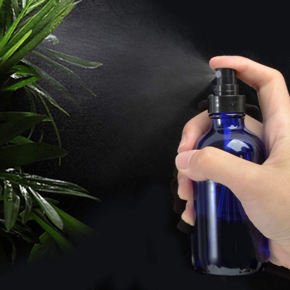 STARSIDE 6 Pack 120 ml 4oz Blue Glass Spray Bottles with Fine Mist Sprayer & Dust Cap for Essential Oils, Perfumes,Cleaning Products.Included 1 Brush, 2 Funnels,2 Droppers & 12 Labels.