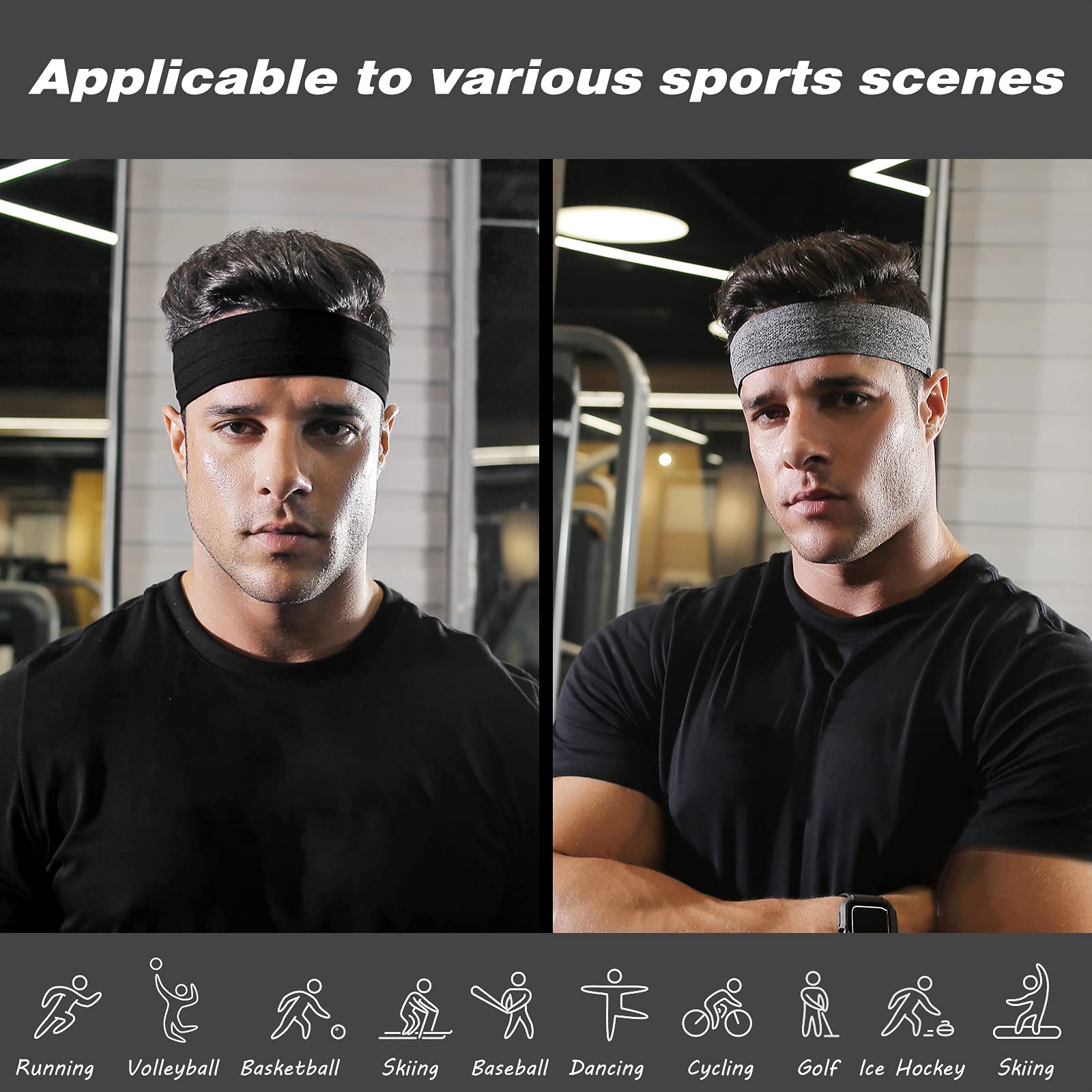 Vsiopy 4 Pack Running Headband for Men Non Slip Workout Sweatbands Adjustable Sports Headbands Moisture Wicking Workout Headbands