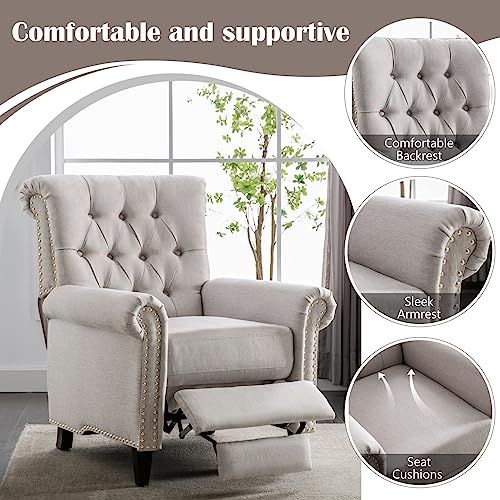 Pushback Recliner Chair, Modern Button Tufted Wingback Single Sofa Chair with Nailheads & Roll Arm & Solid Wood Legs, Comfy Linen Upholstered Manual Reclining Sofa for Home Theatre Living Room, Tan