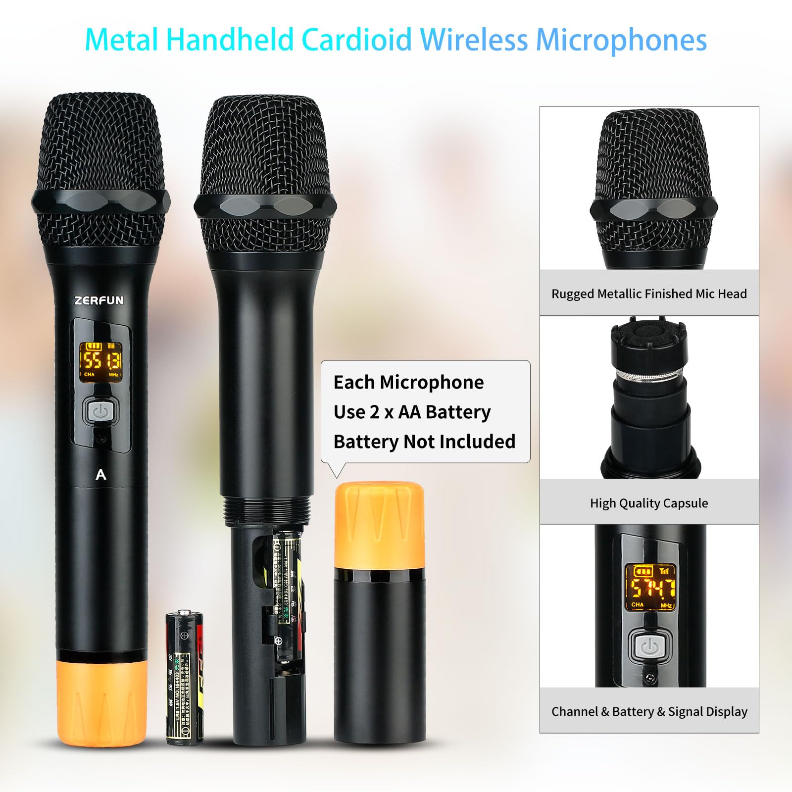ZERFUN Pro Wireless Microphone System 4 Channel, UHF Metal Cordless Handheld Mics for Church Karaoke Singing, 4x50 Adjustable Frequency(S10 Battery 4 Handheld)