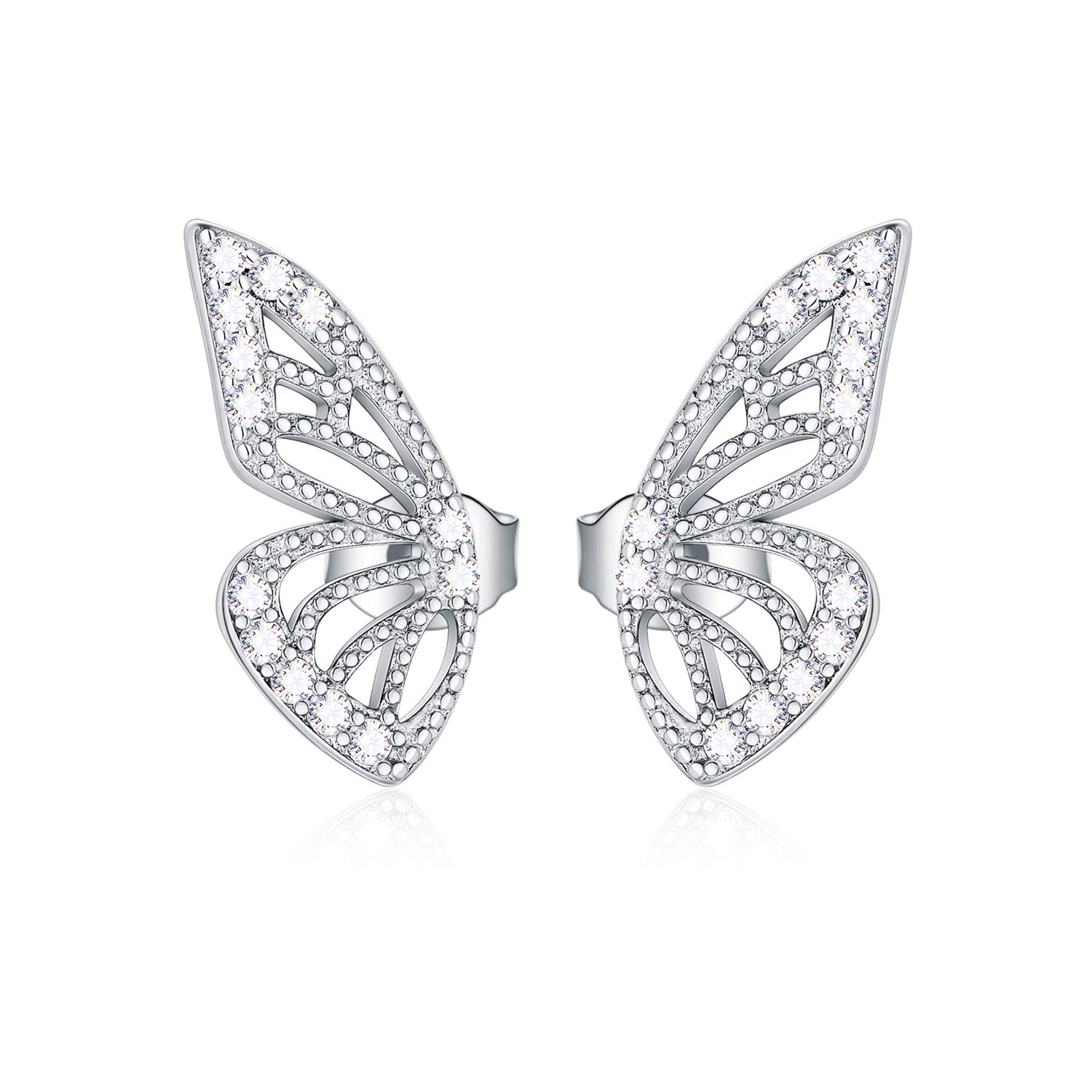 RMREWY Sterling Silver 925 Butterfly Earings Cubic Zirconia Stud Earrings Fashion Half Wings Design Butterfly Jewelry Gifts for Women