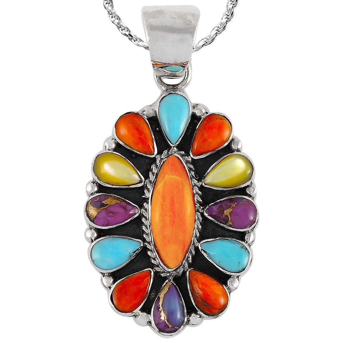 Turquoise Pendant Necklace 925 Sterling Silver Genuine Turquoise & Gemstones 20" (Multi-71)