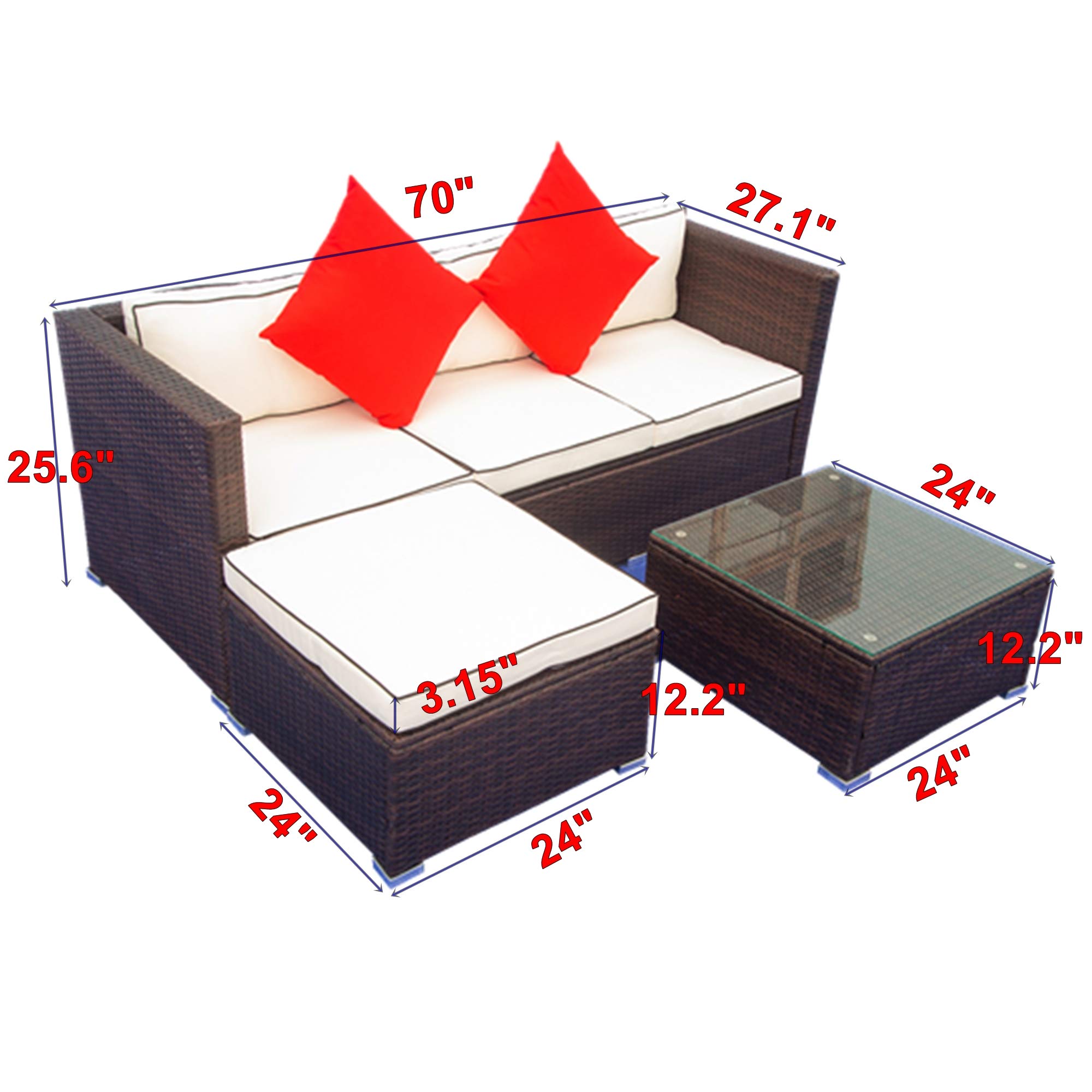 Patio Furniture Sectional Sets 3 Pieces - Outdoor Sectional Sofa Wicker Rattan Lawn Conversation Set Cushioned Garden Sofa with Glass Table (Beige)