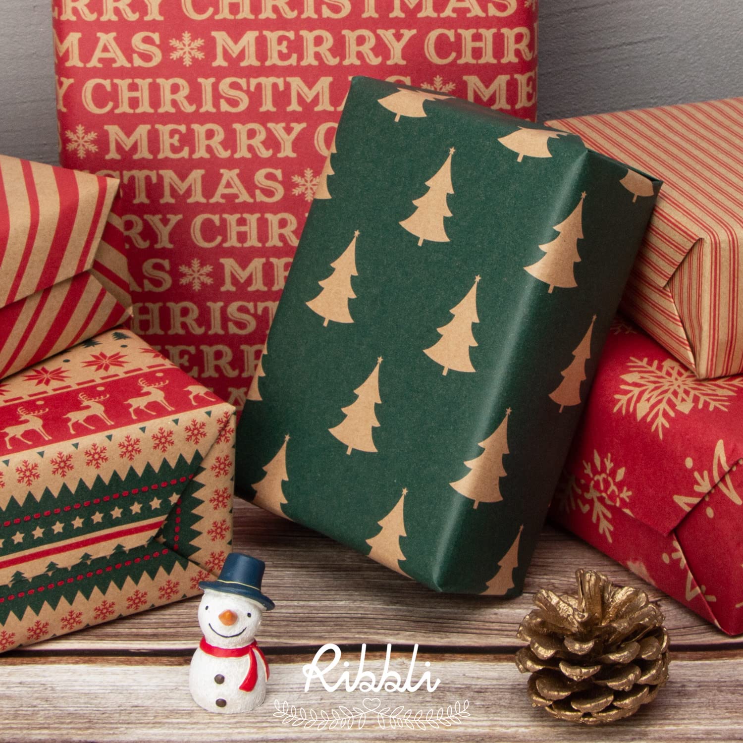Ribbli Kraft Wrapping Paper with Snowflake/Tree/Stripe Patterns - 6 Rolls Red and Green Christmas Assortment, 30 x 120 Inches Per Roll
