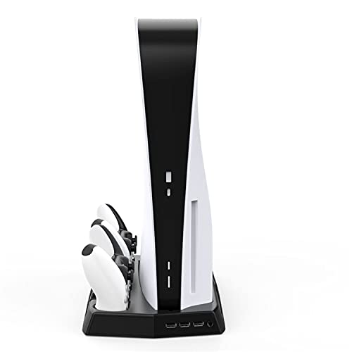 Vertical Stand with Cooling Fan for Playstation 5 Digital Edition/PS5 Ultra HD, 2 Dock Controller Charging Station for PS5 DualSense Controller, 3 USB Ports, Cooling System for PS5