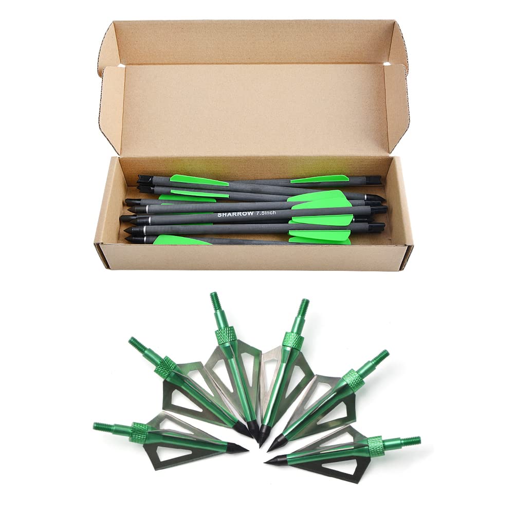 ZSHJGJR 7.5" Crossbow Bolts Carbon Arrows with 2 inch Green Vanes and 100 Grain Removable Tips for Outdoor Hunting Bow Shooting Practice 6/12 Pack (6pcs arrows + 6pcs broadheads)